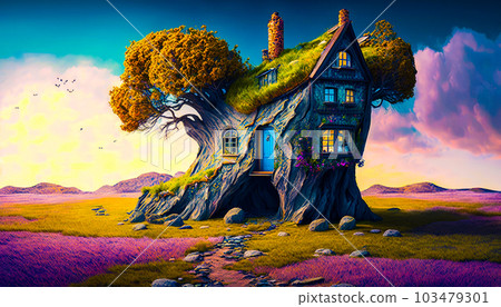 Painting of tree house in field. Fantasy....-插圖素材 [103479301] - PIXTA圖庫