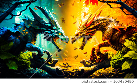 Two dragon fighting in the woods with each... - Stock Illustration ...
