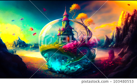 Painting of castle inside glass ball. Fantasy.... - Stock Illustration ...