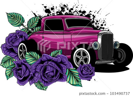 vector illustration of hot rod car with roses - Stock Illustration ...