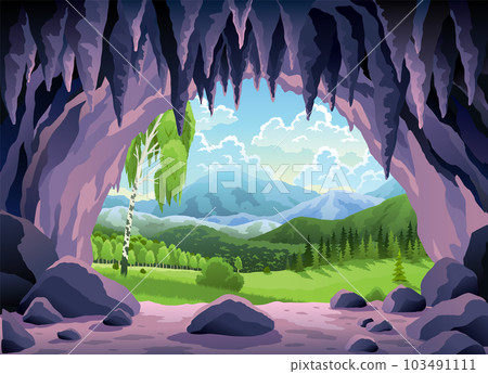Cave landscape. Summer nature scene of cave... - Stock Illustration ...