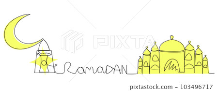 Ramadan in one line with a yellow silhouette on...-插圖素材 [103496717 ...