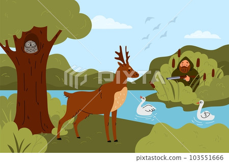 Cartoon hunting background. Hunter in raincoat... - Stock Illustration ...