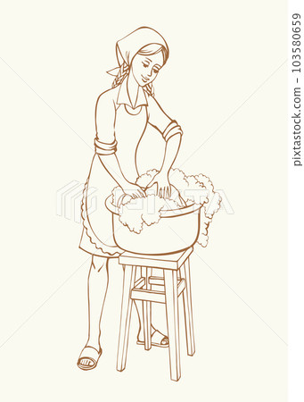 Vector drawing. Girl washing clothes in a basin - Stock Illustration ...