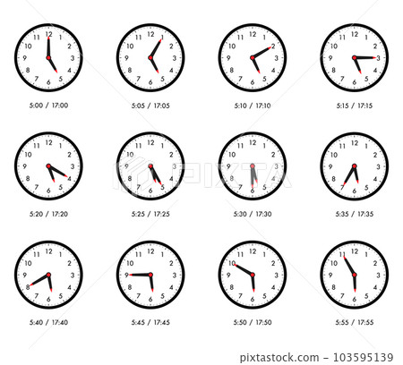 Simple clock set every 5 minutes 5:00 17:00 - Stock Illustration ...