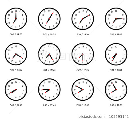 Simple clock set every 5 minutes 7:00 19:00 - Stock Illustration ...