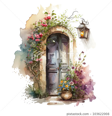 Cozy door with flowers watercolor. Illustration... - Stock Illustration ...