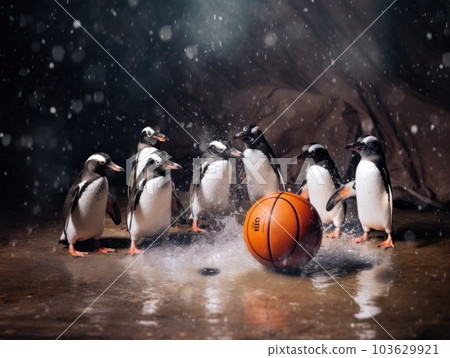 A group of penguins playing with a basketball.... - Stock Illustration ...