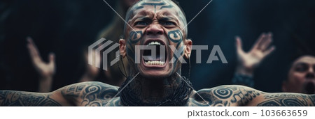 A man with tattoos on his face screaming....-插圖素材 [103663659] - PIXTA圖庫