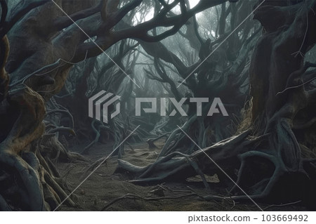 Spooky path in dark fantasy forest. Generative... - Stock Illustration ...