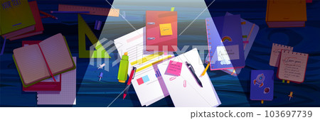 School student desk top view with homework study - Stock Illustration ...
