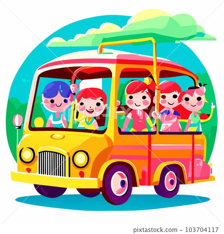 school bus with happy children - Stock Illustration [103704117] - PIXTA