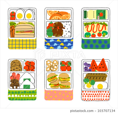 Set of cute hand drawn cartoon lunch boxes... - Stock Illustration ...