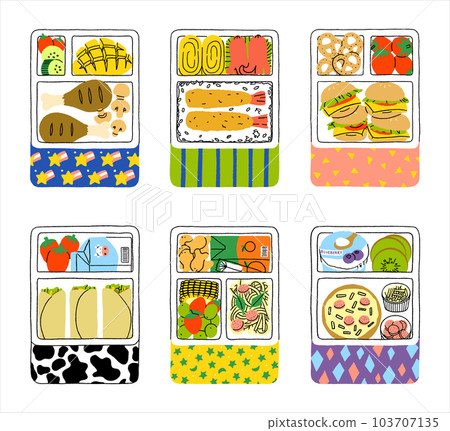 Set of cute hand drawn cartoon lunch boxes... - Stock Illustration ...