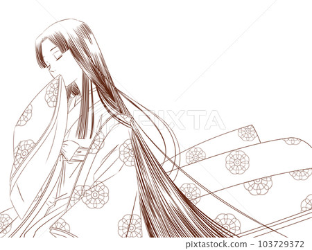 Woman in Heian period costume line drawing brown - Stock Illustration ...