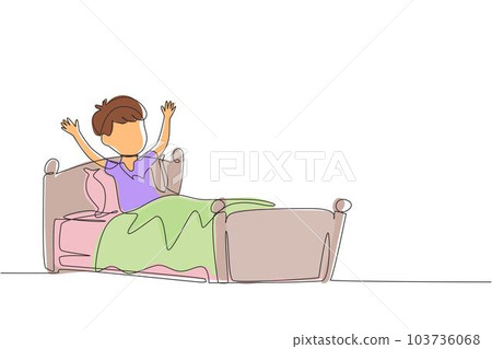 Single one line drawing little boy wake up and... - Stock Illustration ...