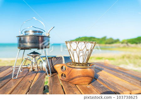 camping coffee morning camping gear drip coffee... - Stock Photo ...
