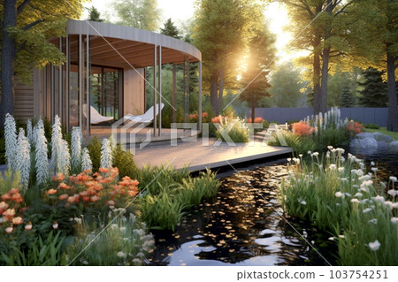 Scandinavian-style gazebo by an overgrown pond,... - Stock Illustration ...