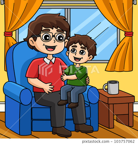 Son Sitting on Fathers Lap Colored Cartoon -插圖素材 [103757062] - PIXTA圖庫