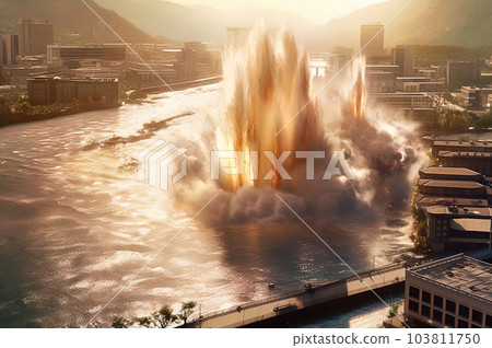 Dam explosion, flood, dam burst. Generative AI - Stock Illustration ...