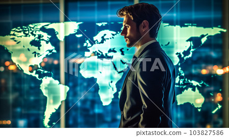 Businessman looking at the world map AI image - Stock Illustration ...