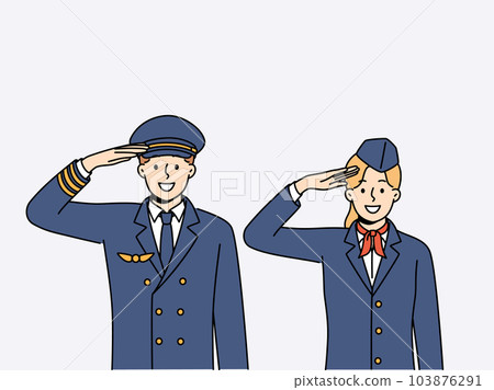 Pilot aircraft and stewardess greet passengers... - Stock Illustration ...