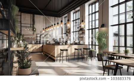 Loft style modern coffee shop interior. Gray... - Stock Illustration ...