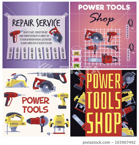 Set of squared banners about power tools shop... - Stock Illustration ...