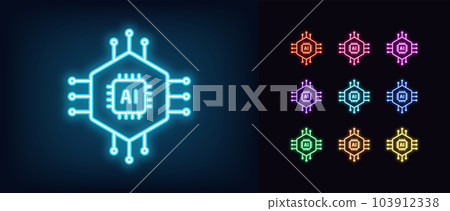 Outline neon AI cpu icon set. Glowing neon... - Stock Illustration ...
