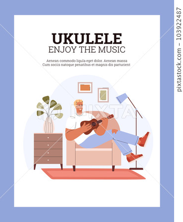 Ukulele lessons banner with man learning to... - Stock Illustration ...