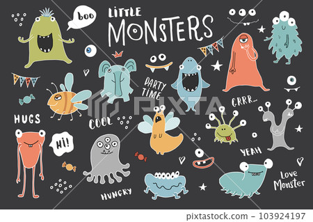 Cute monsters set. Cartoon monsters collection.... - Stock Illustration ...
