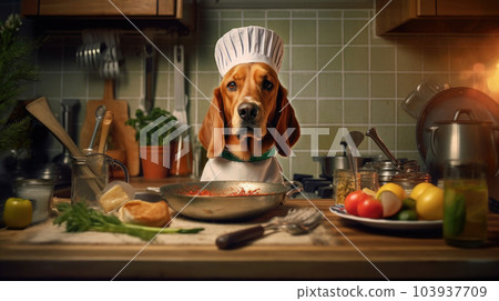 A skilled labrador dog chef in the kitchen,... - Stock Illustration ...