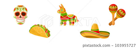 Mexican Objects and Symbols with Skull, Pinata,... - Stock Illustration ...