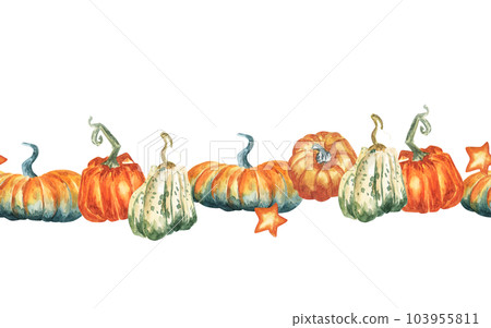 Watercolor Thanksgiving pumpkin border.... - Stock Illustration ...