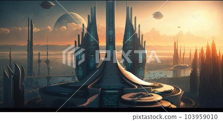 Cityscape of a futuristic sci fi city advanced... - Stock Illustration ...
