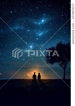 couple sitting under the stars beautiful sky - Stock Illustration ...