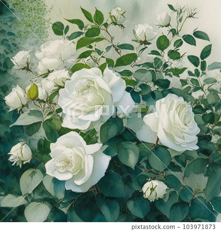 Beautiful white roses garden. Spring flower... - Stock Illustration ...