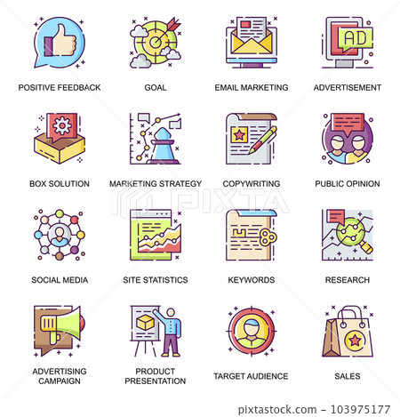 Marketing strategy flat icons set. Target... - Stock Illustration ...