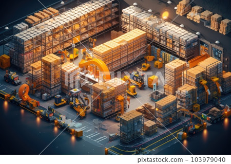 Huge distribution warehouse with high shelves... - Stock Illustration ...