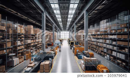 Huge distribution warehouse with high shelves... - Stock Illustration ...
