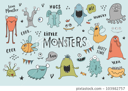 Cute monsters set. Cartoon monsters collection.... - Stock Illustration ...