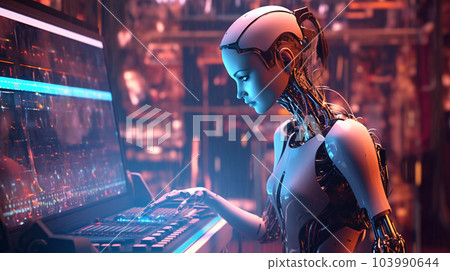Futuristic Female robot in front of a computer... - Stock Illustration ...