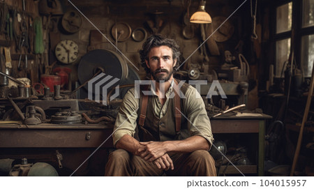 A focused man in his workshop, surrounded by... - Stock Illustration ...