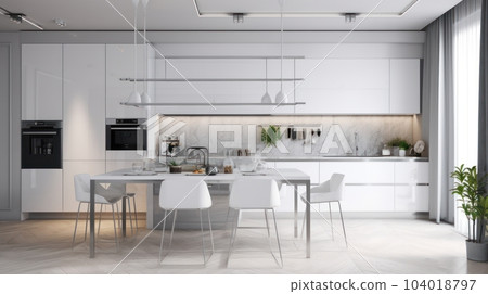 Front view on bright kitchen room interior with... - Stock Illustration ...