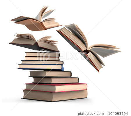 Open book with flying books white background,... - Stock Illustration ...