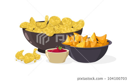 Cartoon chips in bowl. Yellow crispy fried... - Stock Illustration ...