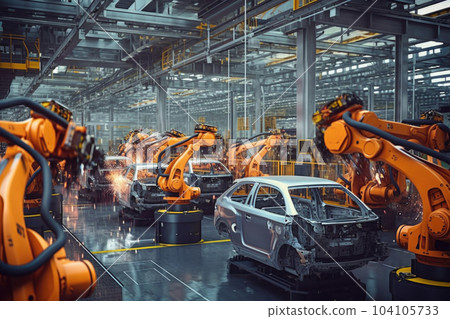 Car factory with robotic arms at assembly line.... - Stock Illustration ...