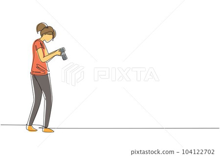 Single one line drawing woman photographers or... - Stock Illustration ...