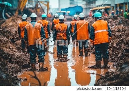 Group of worker excavation water drainage at... - Stock Illustration ...