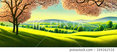 Spring background. Green meadow, trees. Cartoon... - Stock Illustration ...